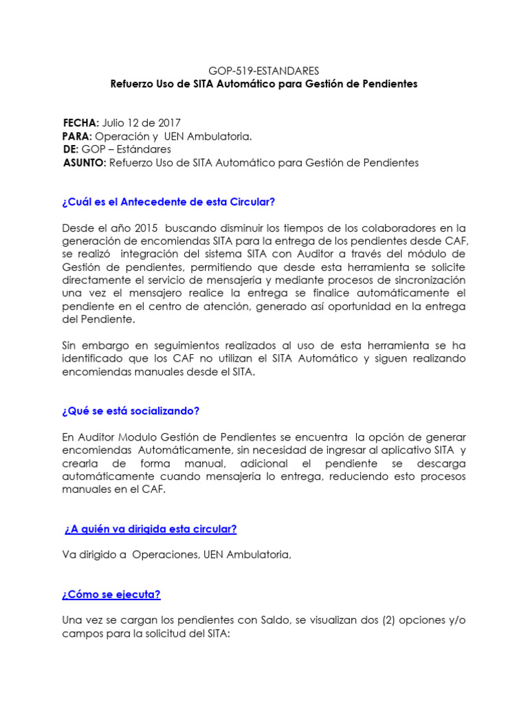 CIRCULAR - GOP 519 ESTANDARES - SITA Automatico para Gestión de ...