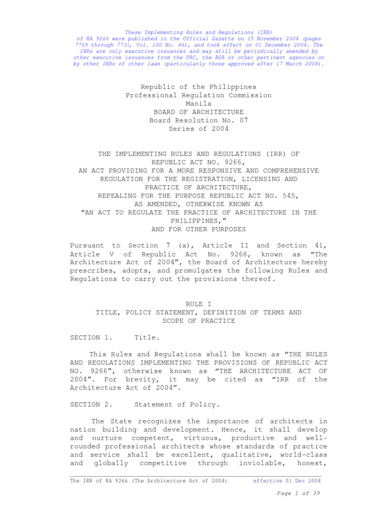 Ra 9266 - The Architecture Act of 2004 | PDF | Architect | Licensure