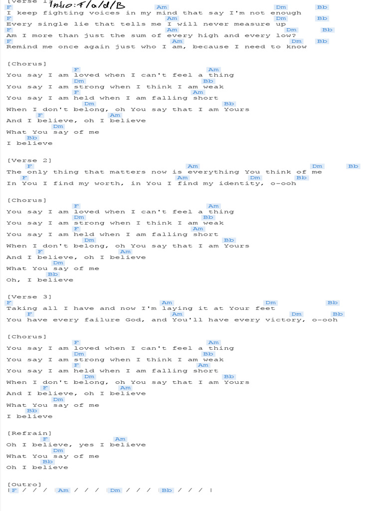 YOU SAY CHORDS (Ver 2) by Lauren Daigle @ | PDF | Refrain | Song Structure