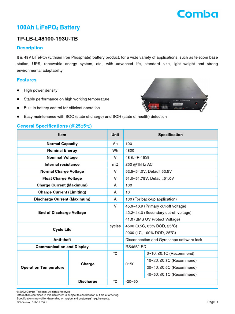 100ah Lifepo Battery: Tp-Lb-L48100-193U-Tb | PDF | Electric Power ...