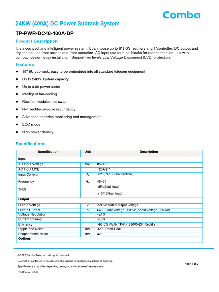 Tp-Pwr-Dc48-400a DS V2.0.0 Comba | PDF | Rectifier | Alternating Current