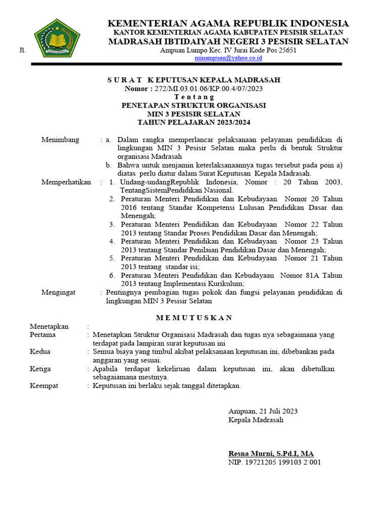 Surat Keputusan Penetapan Struktur Pelaksana Organisasi Sekolah | PDF