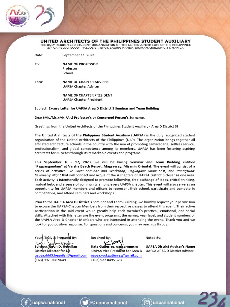 D3 Seminar and Team Building Excuse Letter | PDF | Social Science