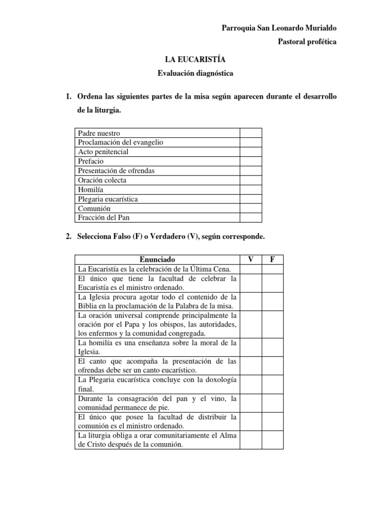 La Eucaristía - Evaluación Diagnóstica - 042603 | PDF | Misa (liturgia ...