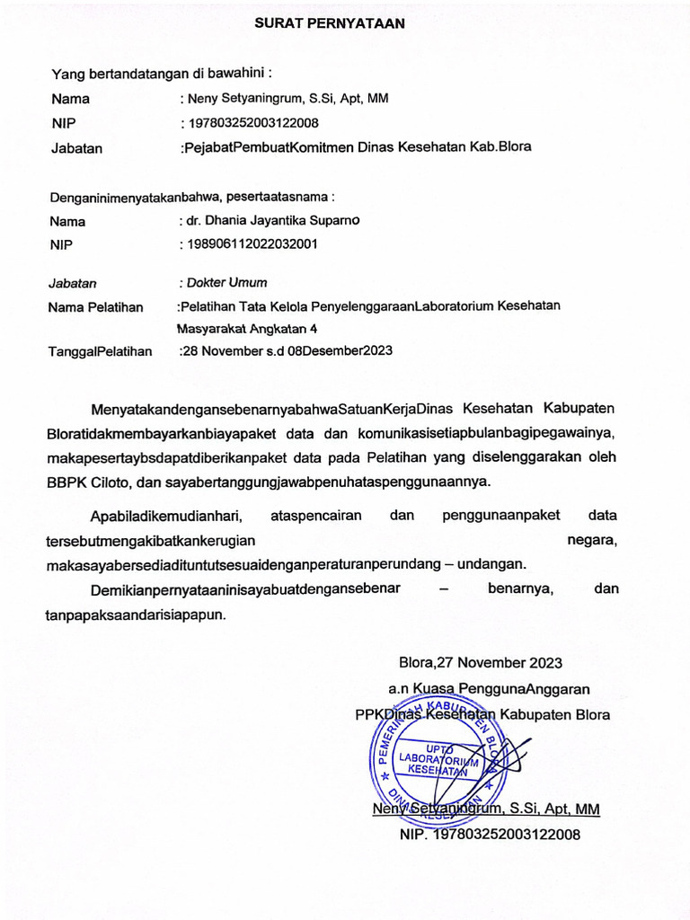 Surat Pernyataaan DHN | PDF