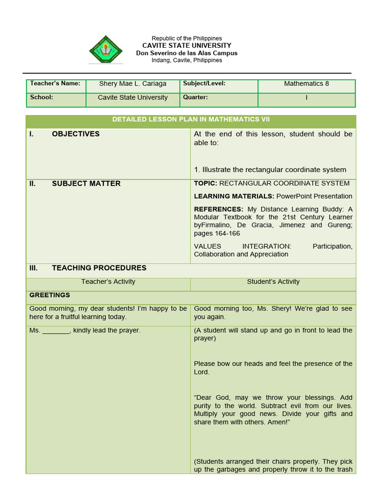 Detailed Lesson Plan | PDF | Cartesian Coordinate System | Mathematical ...
