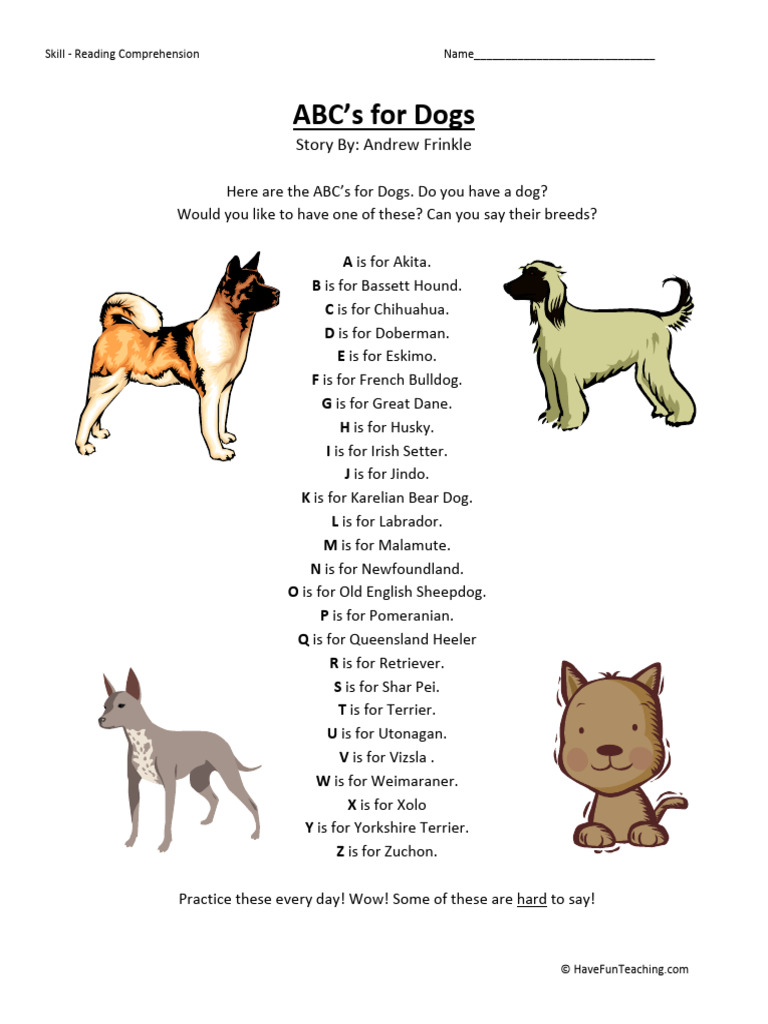 ABCs For Dogs First Grade Reading Comprehension Worksheet | PDF ...
