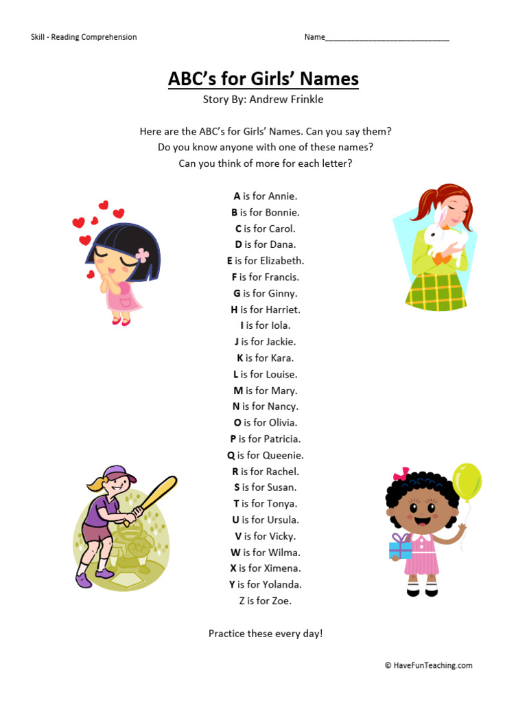ABCs For Girls Names First Grade Reading Comprehension Worksheet | PDF
