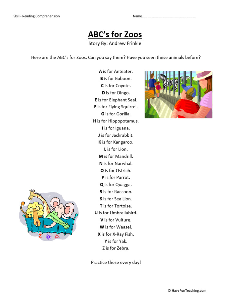ABCs For Zoos First Grade Reading Comprehension Worksheet | PDF ...