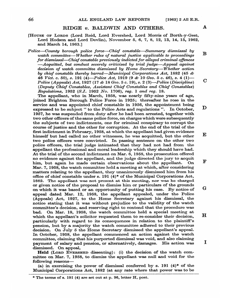 Ridge V Baldwin and Others (1963) 2 All ER 66 | PDF
