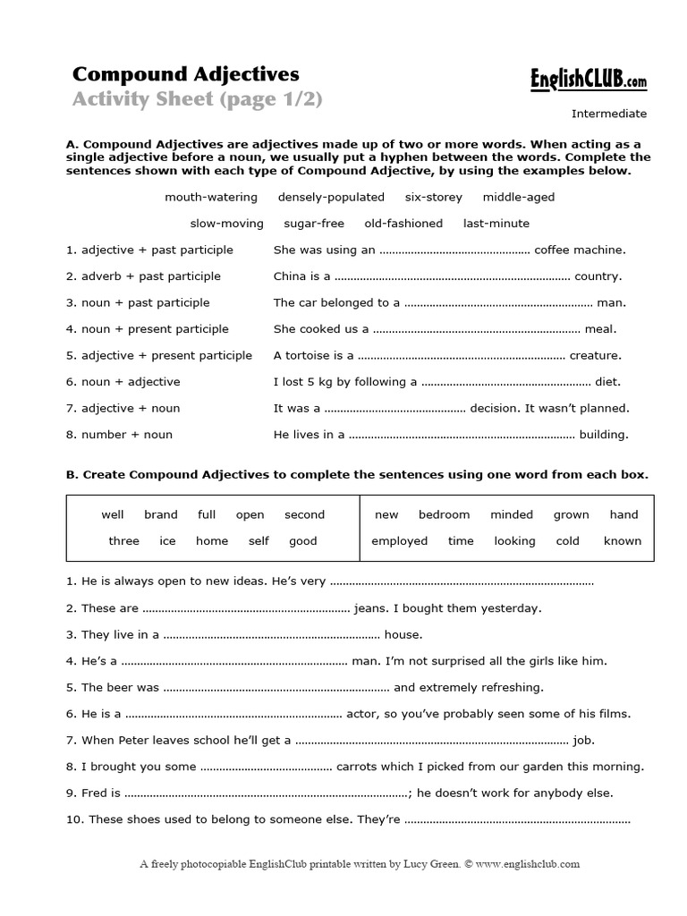 Compound Adjectives Activity | PDF | Adjective | Noun