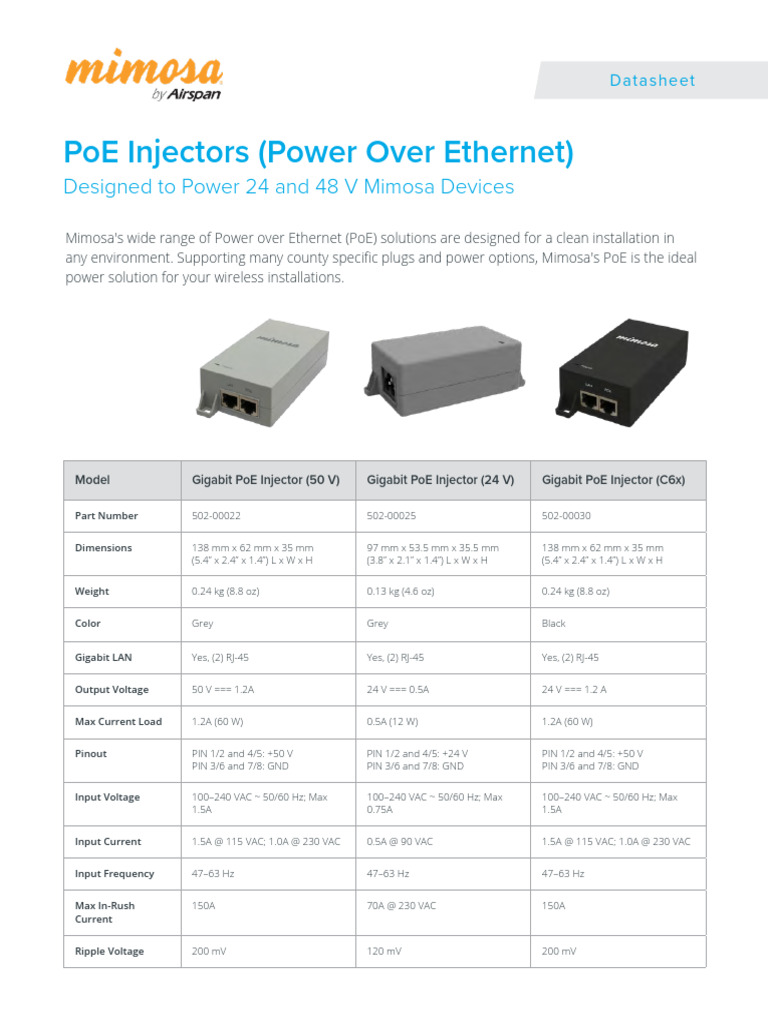 Mimosa by Airspan PoE Datasheet - DS 0017 16 | PDF | Alternating Current | Electrical Engineering
