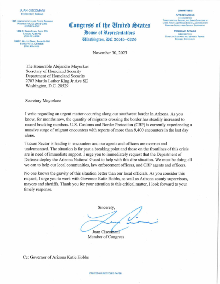 Rep. Ciscomani Letter To DHS On National Guard | PDF