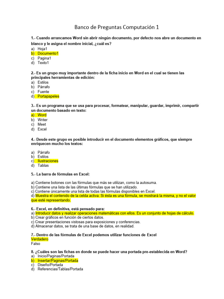 Banco de Preguntas Compu1_Virtual_V5_2022 | PDF | Microsoft Excel | Microsoft Word