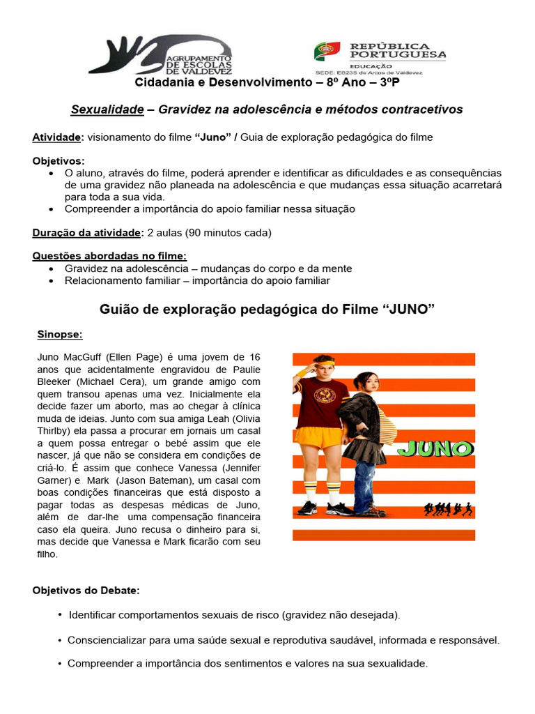 CD 8º Ano_ Guião Filme Juno | PDF | Gravidez | Adolescência