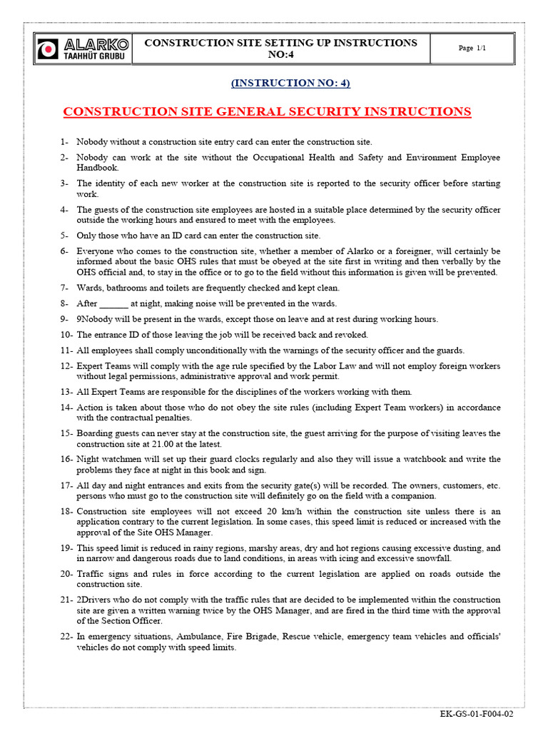 Construction Site Setting Up Instructions | PDF | Security Guard ...