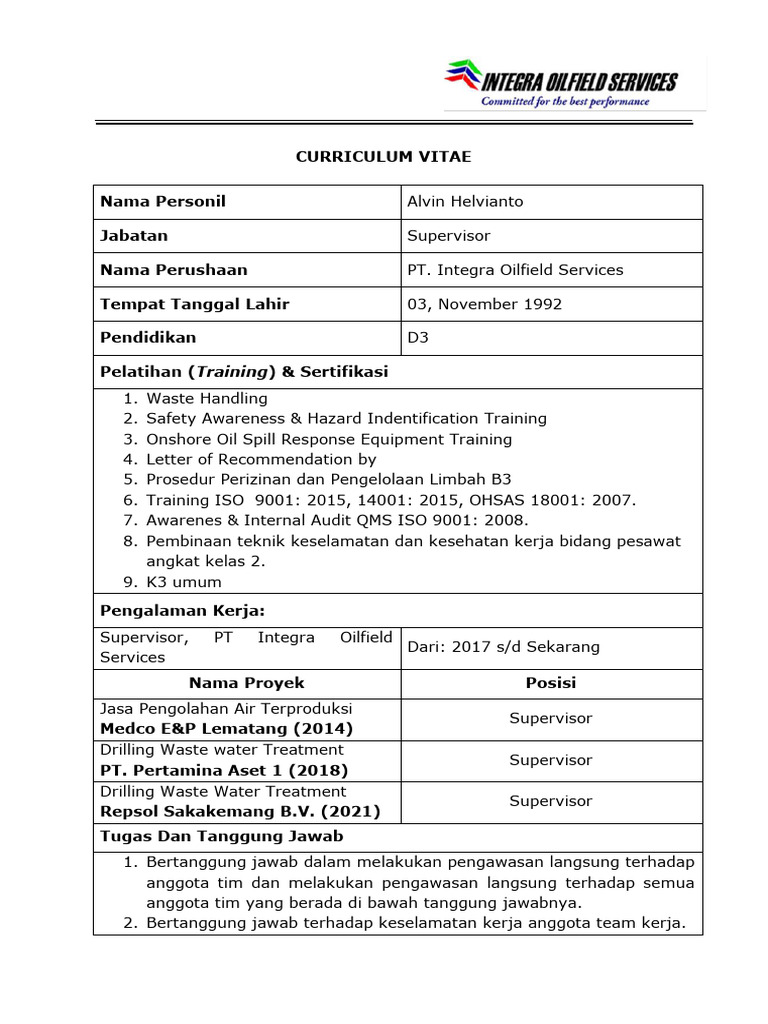 CV Alvin, Supervisor IOS 2023 | PDF | Teknologi & Rekayasa