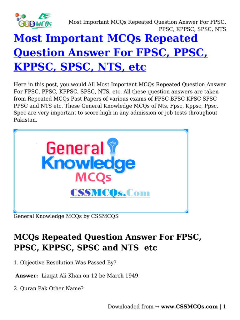 Most Important MCQs Repeated Question Answer For FPSC, PPSC, KPPSC ... Most Important MCQs Repeated Question Answer For FPSC, PPSC, KPPSC ...