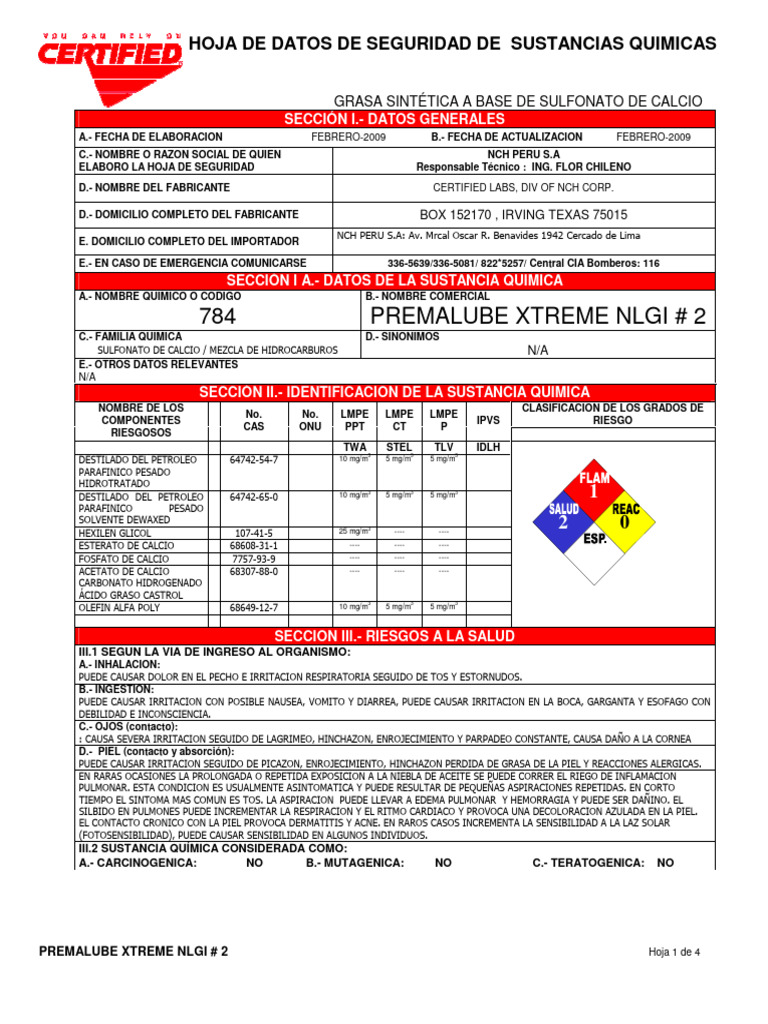 Msds Premalube Xtreme Nlgi 2 | PDF | Agua | Dióxido de carbono