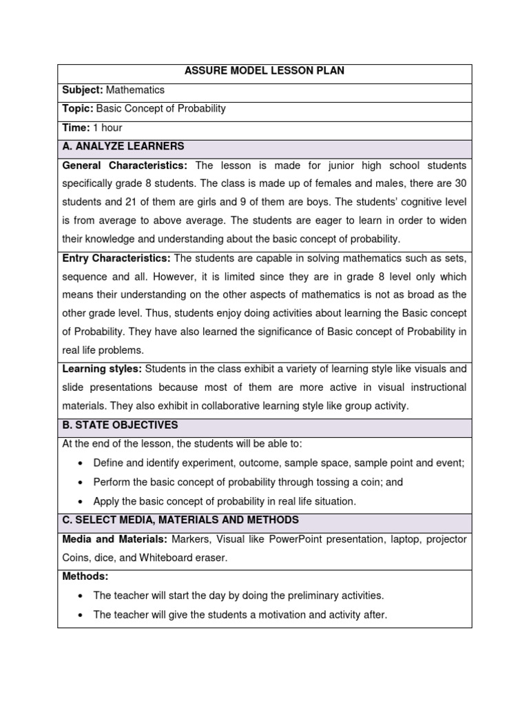 8th Grade Probability Lesson Plan | PDF | Learning | Learning Styles