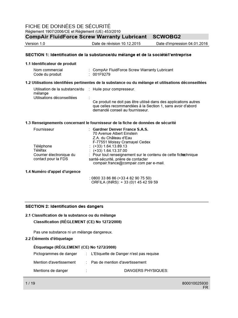 3 1 17 MSDS Compair FF Screw Warranty Lubricant FR FR | PDF ...