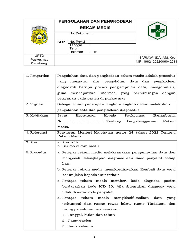 Sop Pengolahan Dan Pengkodean Rekam Medis | PDF