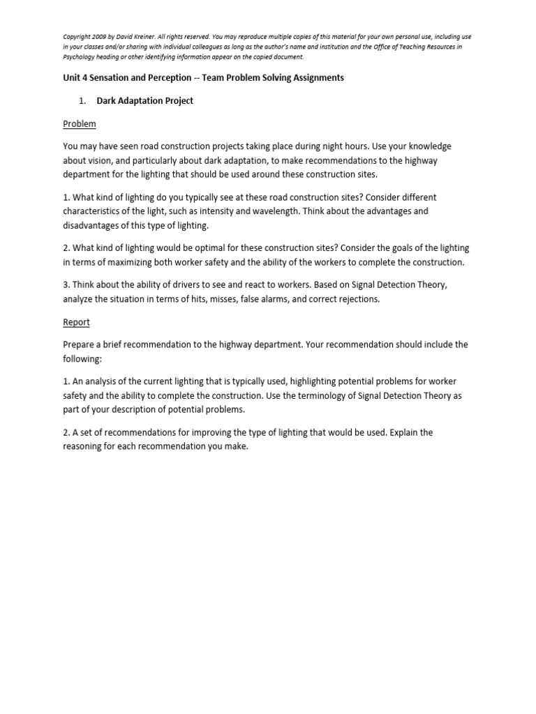 Unit 4 Sensation and Perception Problem Solving Activities Team Assignments | PDF | Visual ...