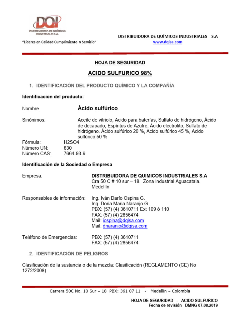 4 Hoja de Seguridad Acido Sulfúrico Al 98% | PDF | Agua | Residuos