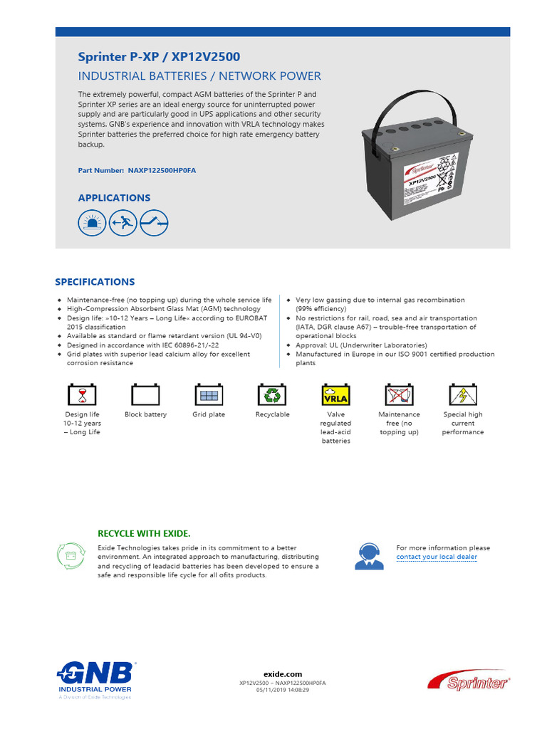 Sprinter XP12V2500 Battery Datasheet | PDF | Electric Power | Physical ...