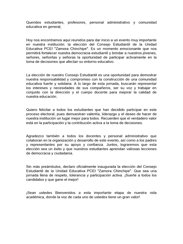 Bienvenida y Apertura de La Eleccion Del Consejo Estudiantil | PDF