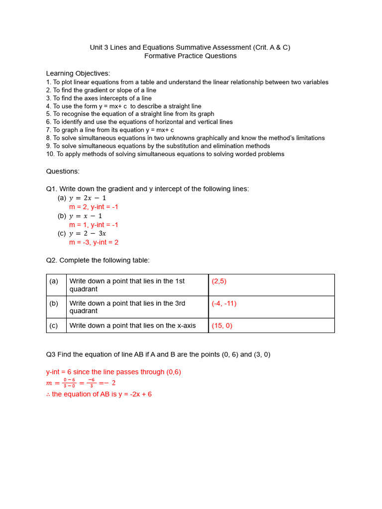 Answer Key Formative Unit 3 Lines and Equations AC 1 | PDF | Equations ...
