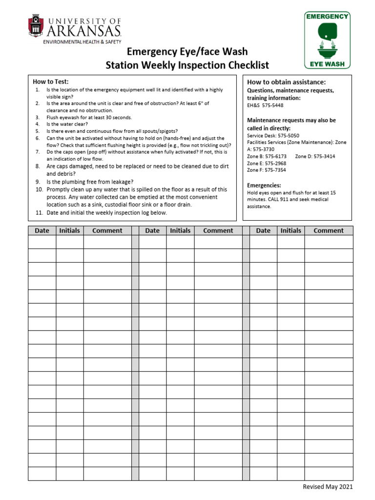 Eyewash Weekly Inspection Checklist May2021 | PDF