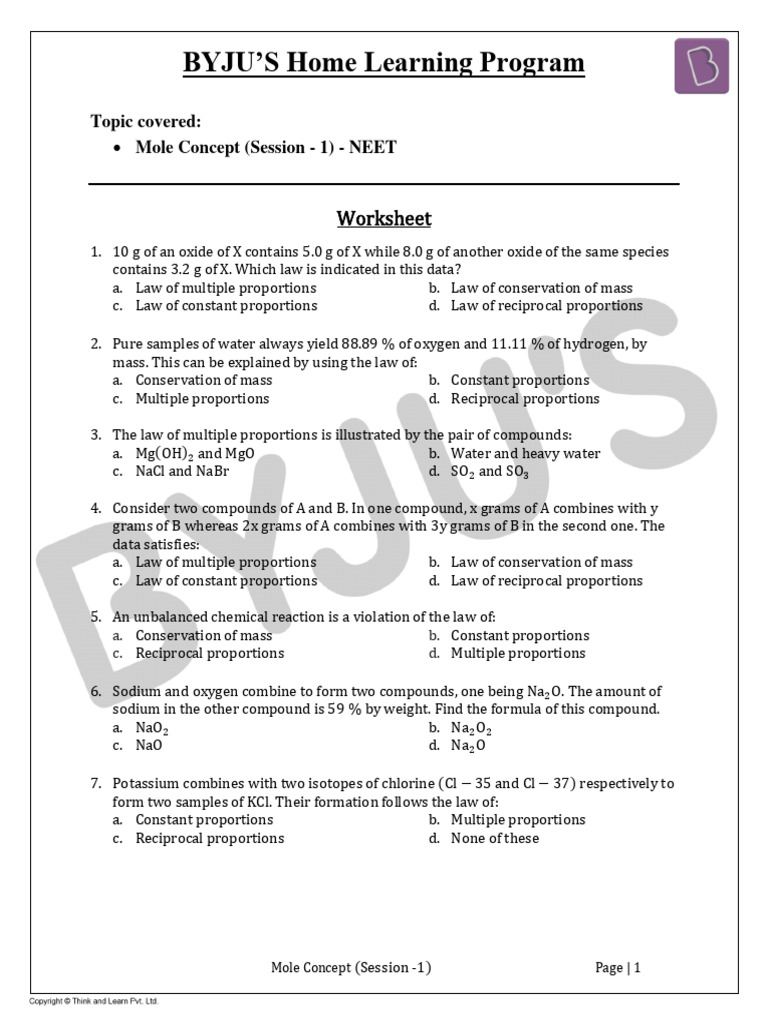 Mole Concept S1 Worksheets April 16 | PDF | Mole (Unit) | Gases