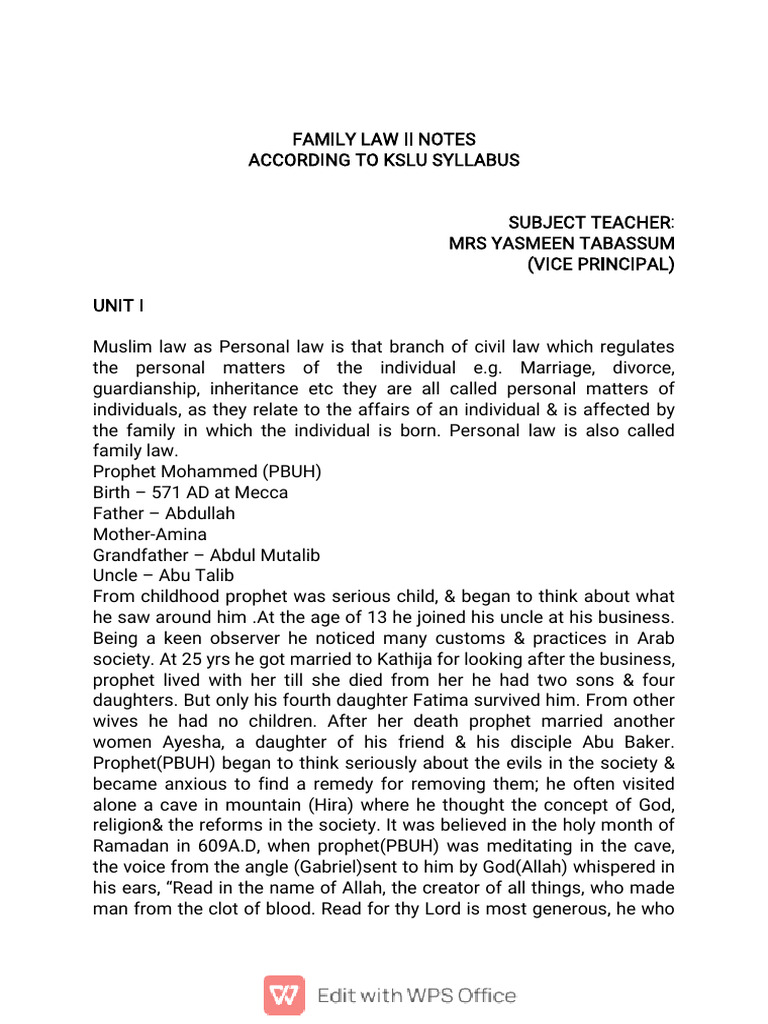 KSLU Family Law II: Muslim Law | PDF | Muhammad | Sharia