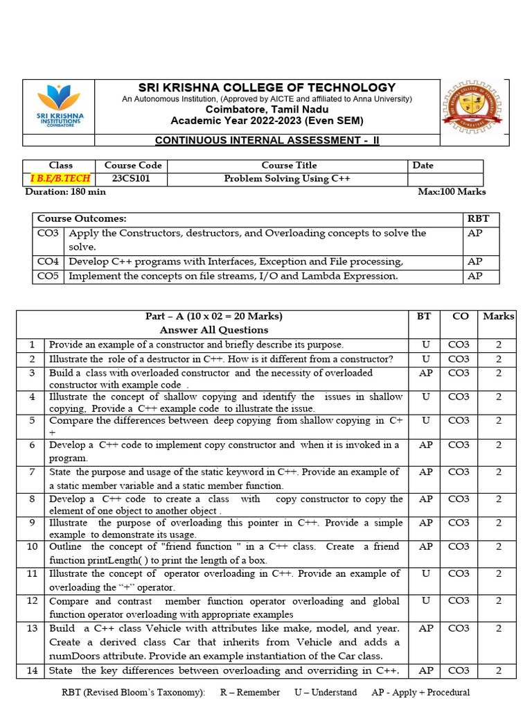 SKCT - CPP Cia2 Cse It Aiml Cys Iot - Qced 9.10.23 11am | PDF | Method (Computer Programming ...