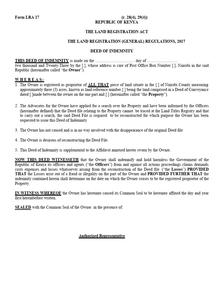 Deed of Indemnity Form-LRA-17 - Template | PDF | Indemnity | Property Law
