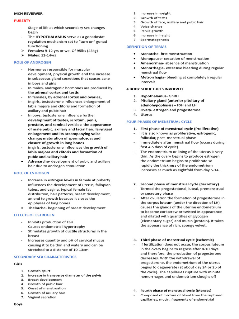 MCN Reviewer | Download Free PDF | Menstrual Cycle | Menstruation
