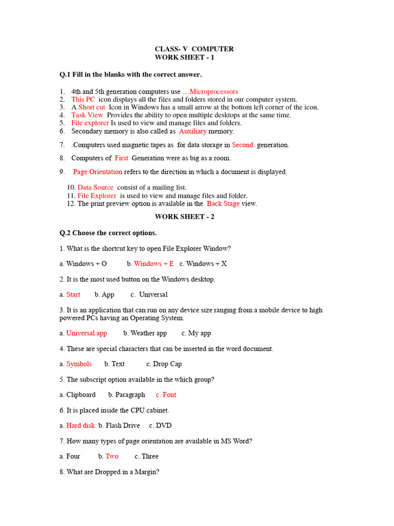 5th Computer Worksheet Solution t1 | PDF | Computer Memory | Read Only ...