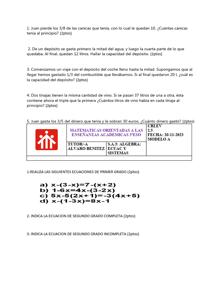 Examen+s A 3+matematicas+3ºeso | PDF | Hogar y jardín | Ciencia y ...
