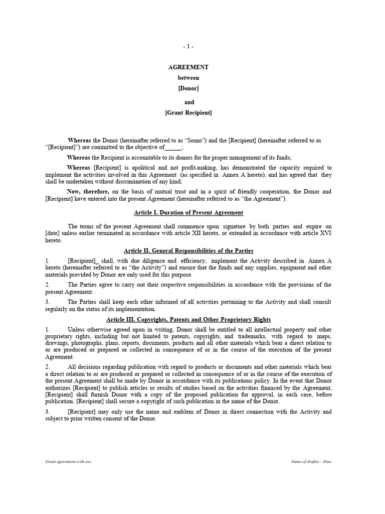 Grant Agreement Template | PDF | Arbitration | Indemnity