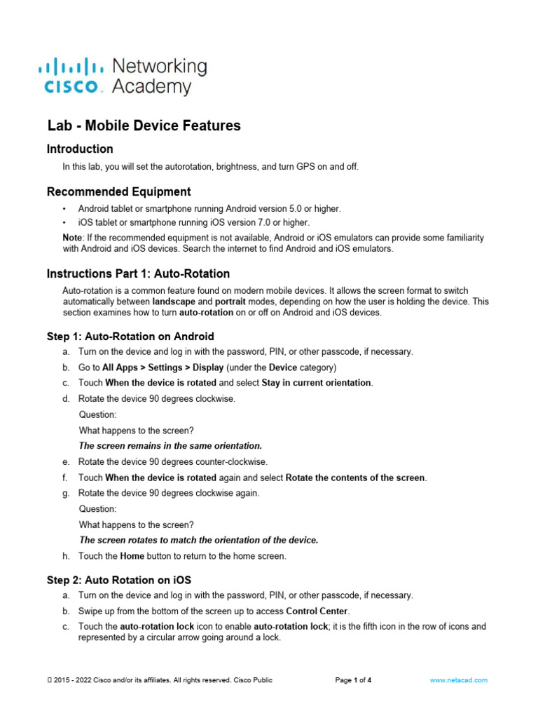 12.1.4.4 Lab - Mobile Device Features | PDF | Ios | Android (Operating System)