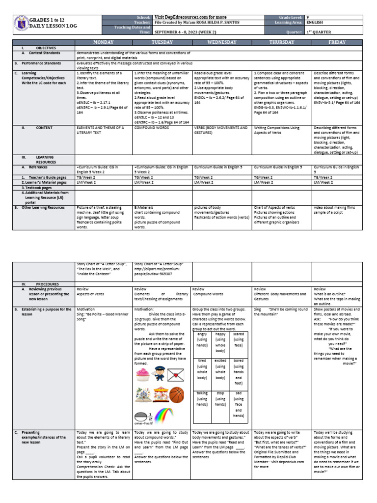 DLL - English 5 - Q1 - W2 | PDF | Word | Nonverbal Communication