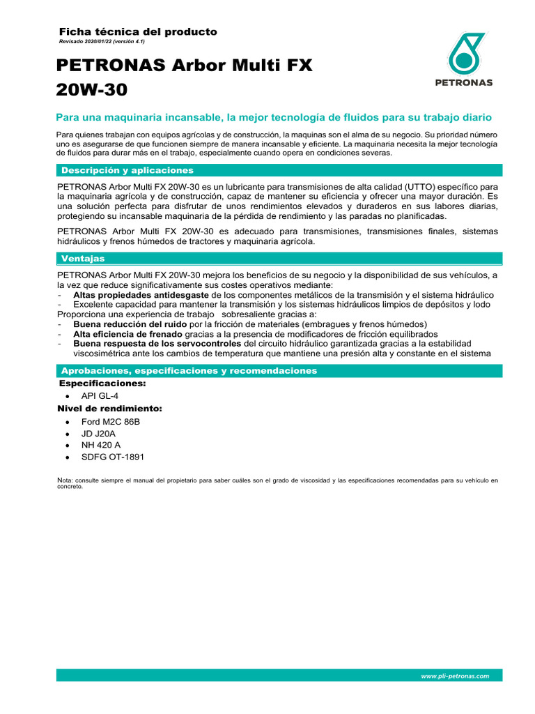 Petronas Arbor Multi FX 20W-30: Lubricante Ideal | PDF
