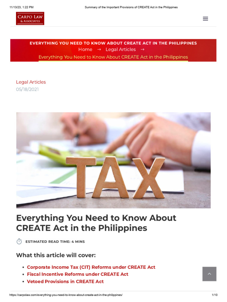 Summary of The Important Provisions of CREATE Act in The Philippines ...