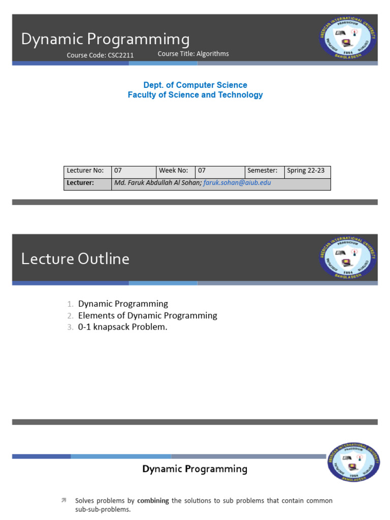 Lecture 7 DP 0-1 Knapsack | PDF | Dynamic Programming | Mathematics