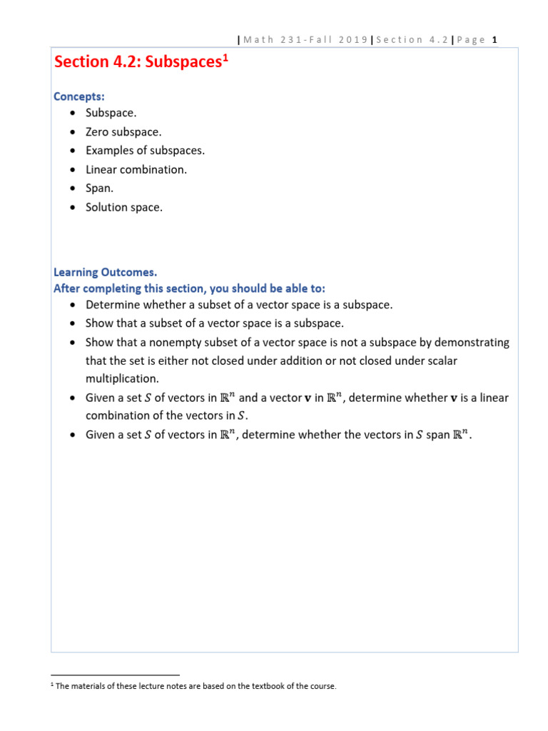 Math 231 Section 4.2 (Sol) | PDF | Linear Subspace | Vector Space