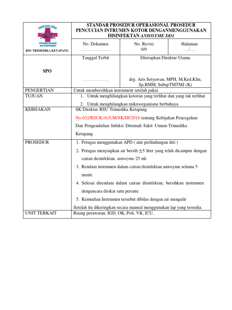 3.sop Prosedur Pencucian Instrumen Kotor Dengan Menggunakan Disinfektan Aniosyme DD1 | PDF