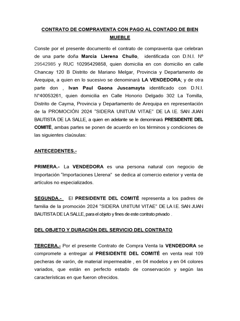 Contrato De Compraventa Con Pago Al Contado De Bien Mueble Pdf Ley
