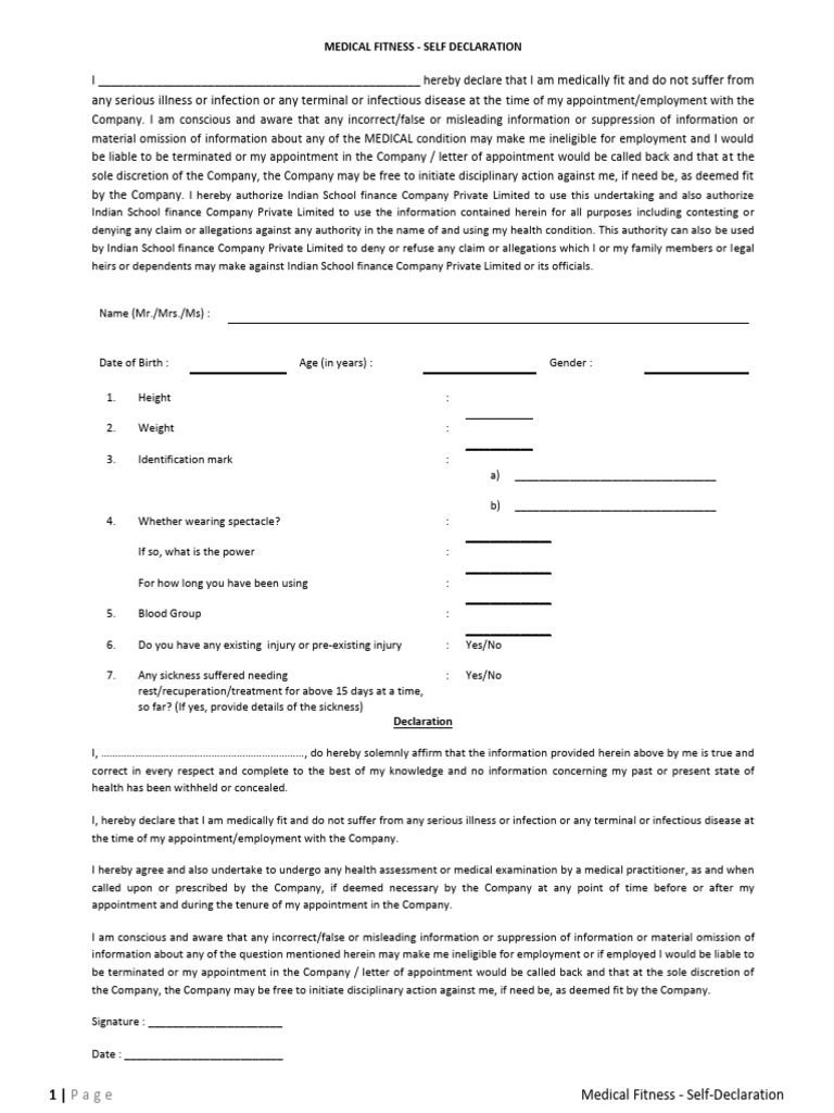 Medical Fitness - Self Declaration | PDF | Infection | Clinical Medicine