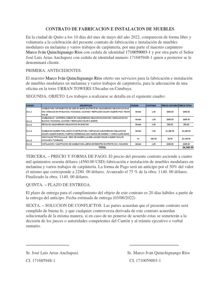 Contrato de Fabricacion e Instalacion de Muebles | PDF Contrato de Fabricacion e Instalacion de Muebles | PDF